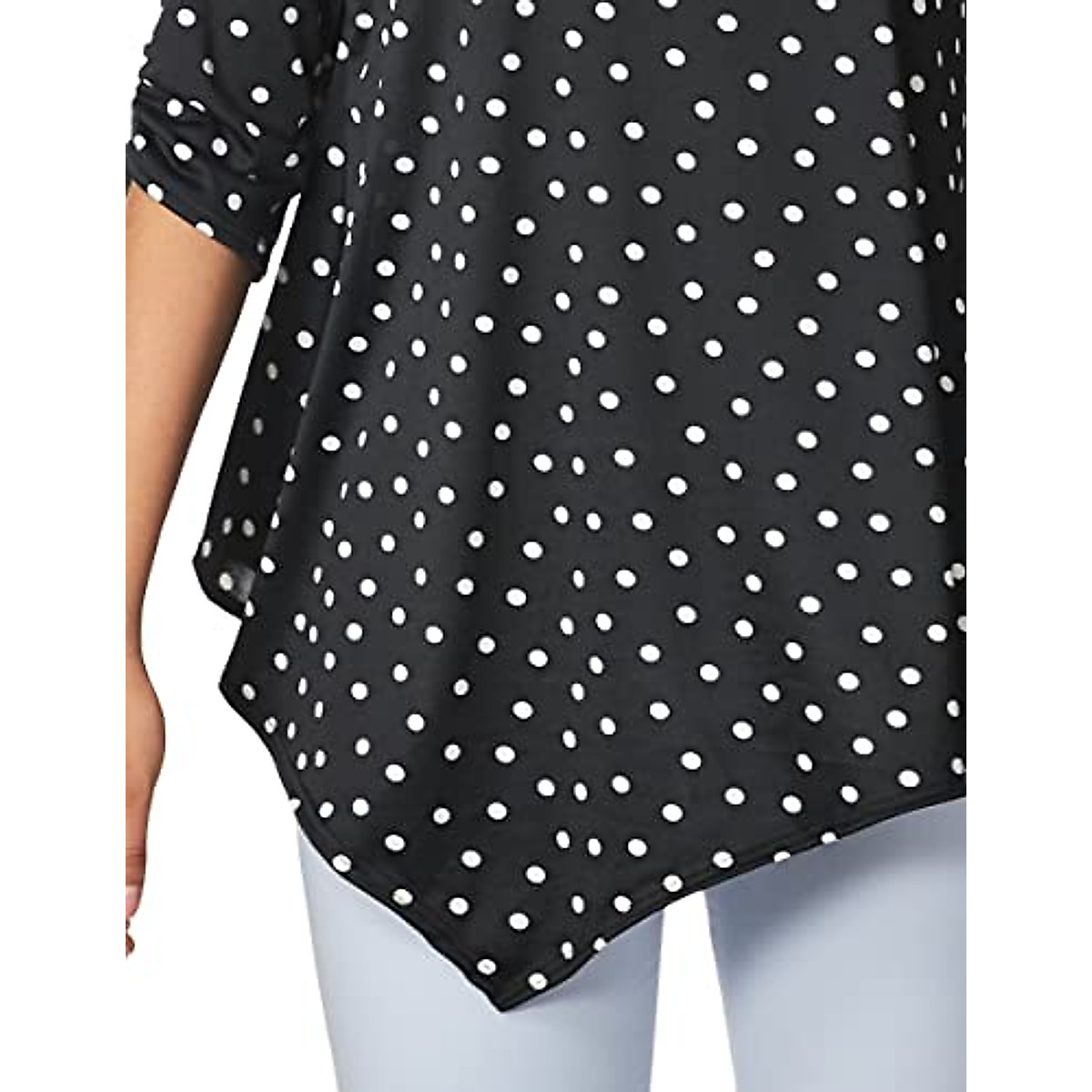 Star Vixen Women's Plus-Size Hanky Hem Top, Elbow Sleeve with Cinch Detail, Black/White dot, 3X