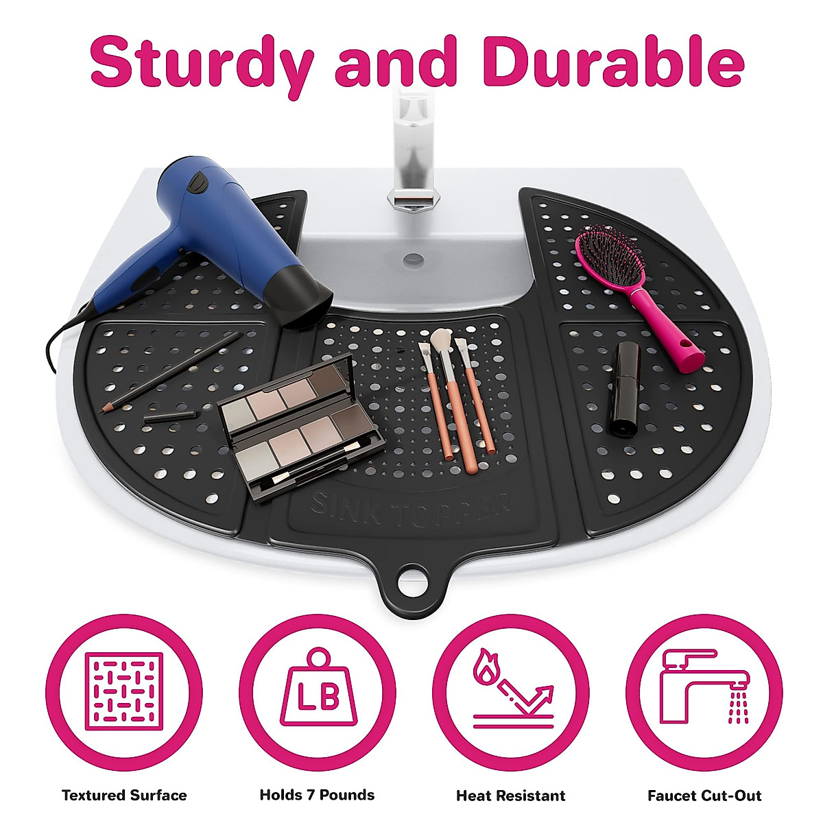 Sink Topper, Foldable Bathroom Sink Cover for Counter Space. Makeup Organizer Mat and Must Have Bathroom Gadget. Standard, Black.