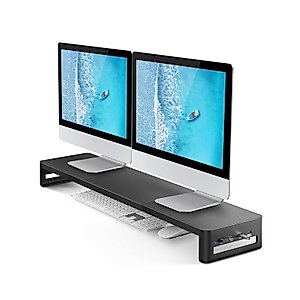 ENUSUNG Detachable Monitor Stand with USB 3.0/2.0 Ports Steel Dual Monitor Riser for Desk, Metal Computer Stand for Office, Desktop, Laptop, PC, iMac up to 32 Inches (Black)