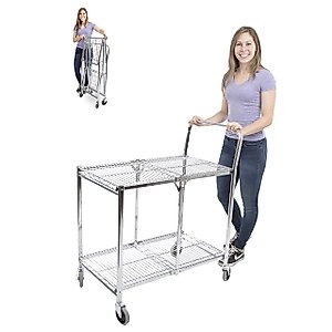 Stand Steady Original Tubstr Collapsible 2 Shelf Wire Cart, Easy to Push Heavy Duty Rolling Utility Cart, Holds 200 Pounds & Folds Up for Storage, Commercial Grade (Chrome, 33.75in x 19.5in x 39.5in)