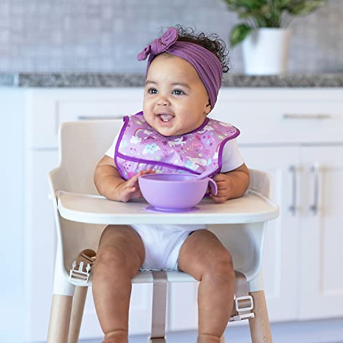 Bumkins Bibs, for Baby Girl or Boy, Infant 3-9 Mos, Essential Must Have for Eating, Feeding, Baby Led Weaning, Mess Saving Waterproof Soft Fabric, Starter Bib 2-pk Unicorns, Rainbows Blue and Purple