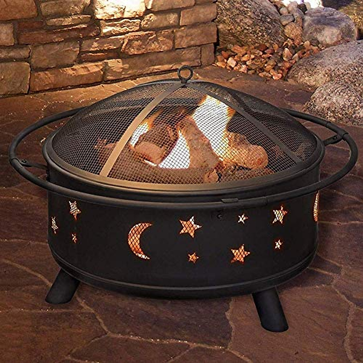 LEAYAN Garden Fire Pit Grill Bowl Grill Barbecue Rack Fire Pit with Grill Shelf, Outdoor Metal Brazier Star Moon Shape Garden Patio Heater Camping Bowl with Grill, Mesh Lid, Grate, Grid