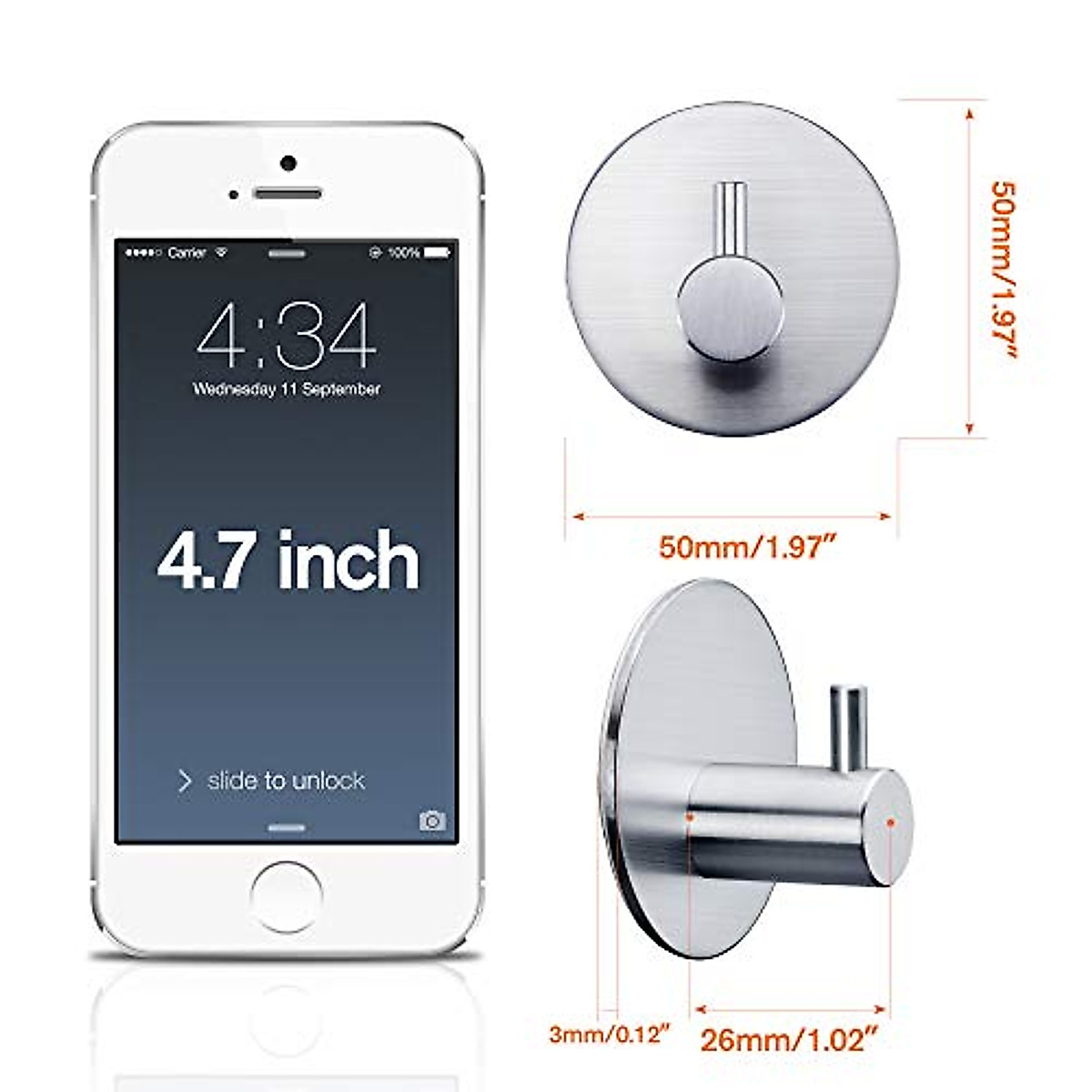 Adhesive Hooks Heavy Duty Wall Hooks Waterproof Stainless Steel Hooks for Hanging Coat, Hat,Towel Robe Hook Rack Wall Mount- Bathroom and Bedroom(Round)-4 Packs