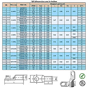 PONFY 10PCS Tinned Pure Copper Battery Lugs,1/0 AWG - 1/2" UL Listed Ring Terminals Wire Lugs Battery Cable Ends Tin Coated Heavy Duty Closed End Crimp Connectors Kit - Marine Grade