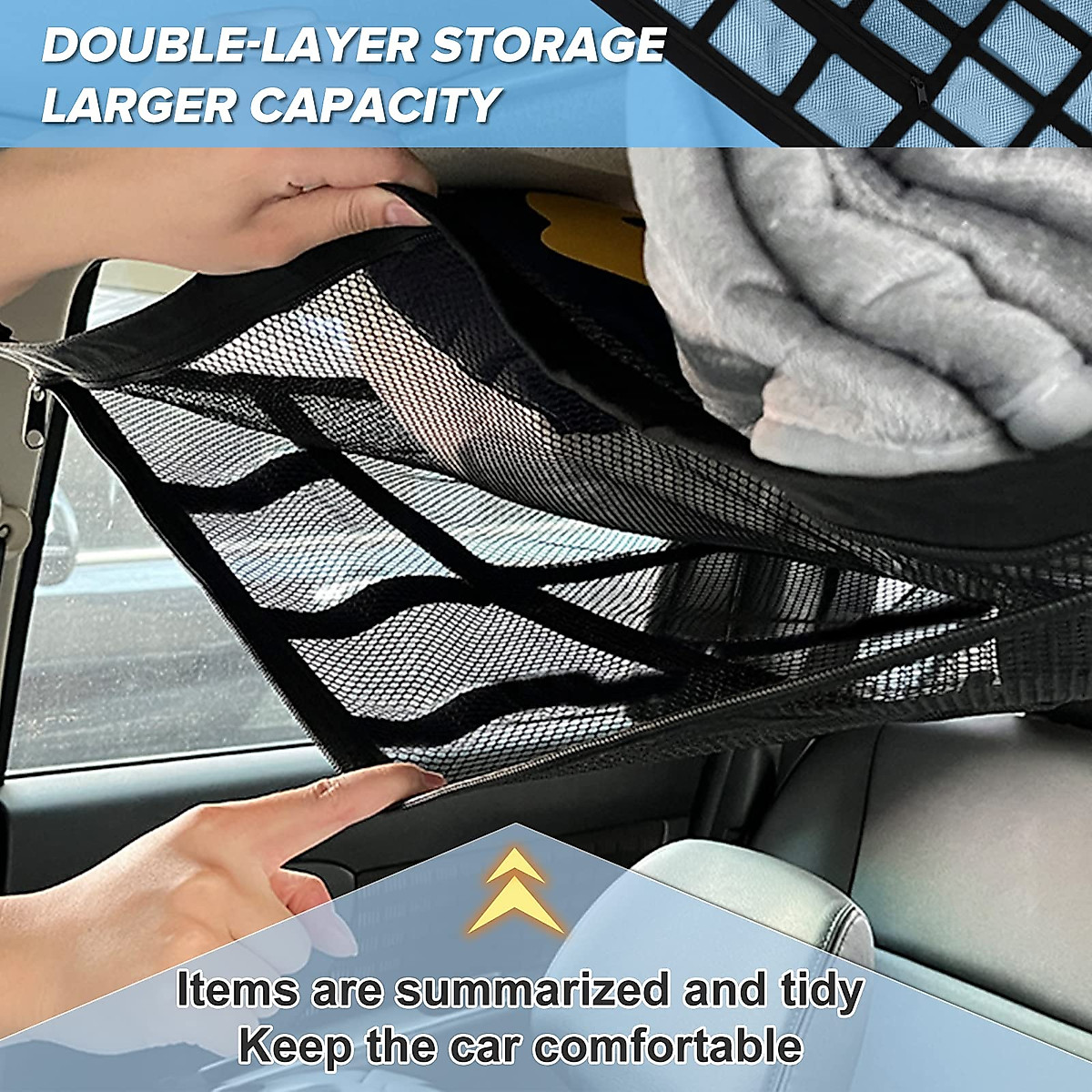 Car Ceiling Cargo Net Pocket Storage Net,30.7”x20.8”,Strengthen Load-Bearing Adjustable Double-Layer Mesh Car Roof Organizer for SUV Long Trip Camping