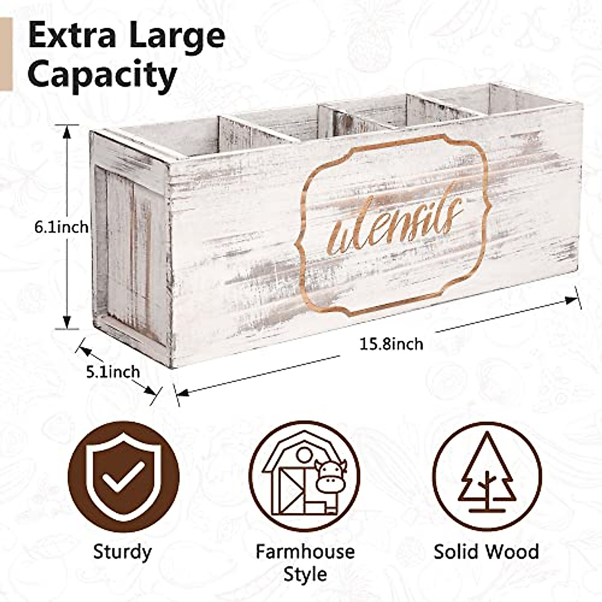 Yumkfoi Extra Large Utensil Holder with 4 Compartments, Wooden Farmhouse Utensil Organizer for Kitchen Counter, Rustic Cooking Utensil Holder Countertop Utensil Crock Spatula Holder (Distressed White)