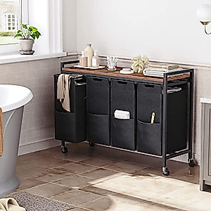 HOOBRO Laundry Hamper, Laundry Sorter 4 Section, Laundry Basket with Wheels, 4 × 10.5 Gal (39.8L), Rolling Cart, Pull-Out and Removable Oxford Fabric Laundry Bags, Rustic Brown and Black BF04XY01