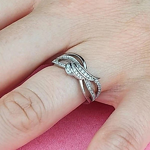 JASXEYO Angel Wings CZ Ring Big Feather Ring Jewelry Gift for Women，Feather Cubic Zirconia Fashion Ring, Platinum Plated Size 6-10 (7)