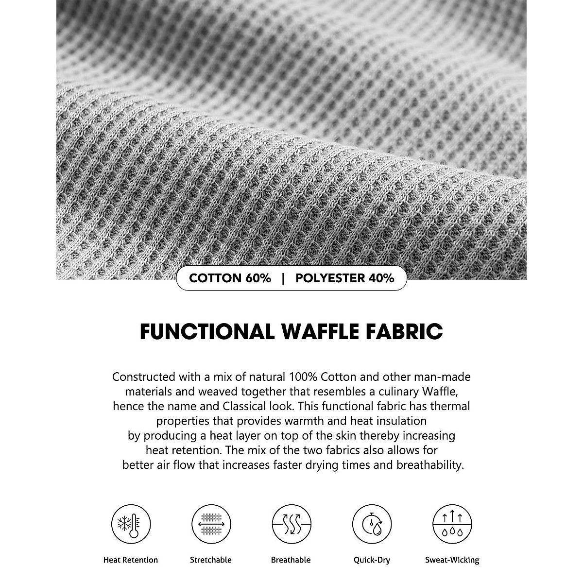 CQR Men's Thermal Underwear Set, Midweight Waffle Knit Thermal Top and Bottom, Winter Cold Weather Long Johns with Fly, Outdoor Black, X-Large