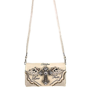 Zelris Faith Love Hope Cross Angel Wing Women Conceal Carry Handbag Wallet Set (Beige)