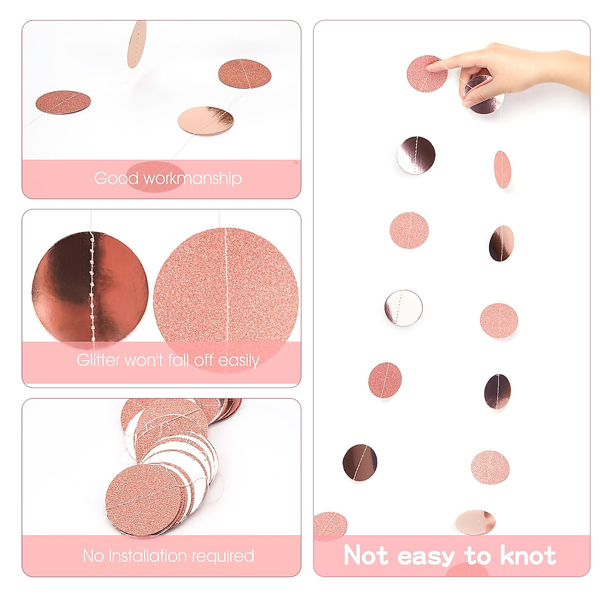 jijAcraft Glitter Rose Gold Circle Dots Garland Party Decorations, 52 Feet Glitter Heart Streamers Garland Banner for Bridal Shower, Engagement, Bachelorette, Home Decor, Wedding, Birthday Party