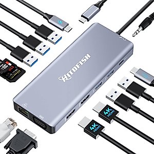 USB C Laptop Docking Station, 14 in 1 Type C Hub Multiport Adapter Dongle with 3 Monitors Compatible for MacBook/Dell/HP/Lenovo Laptops (Dual HDMI, VGA, PD, Ethernet, SD/TF, USB C/A Ports, Mic/Audio)