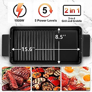 Indoor Electric Grill, Techwood 1500W BBQ Korean Grill with 5 Gear Temperature Adjustment & Metal Drip Tray, Handle, Removable Griddle and Grill Barbecue Plate for Party Cooking, Stainless Steel, Silver