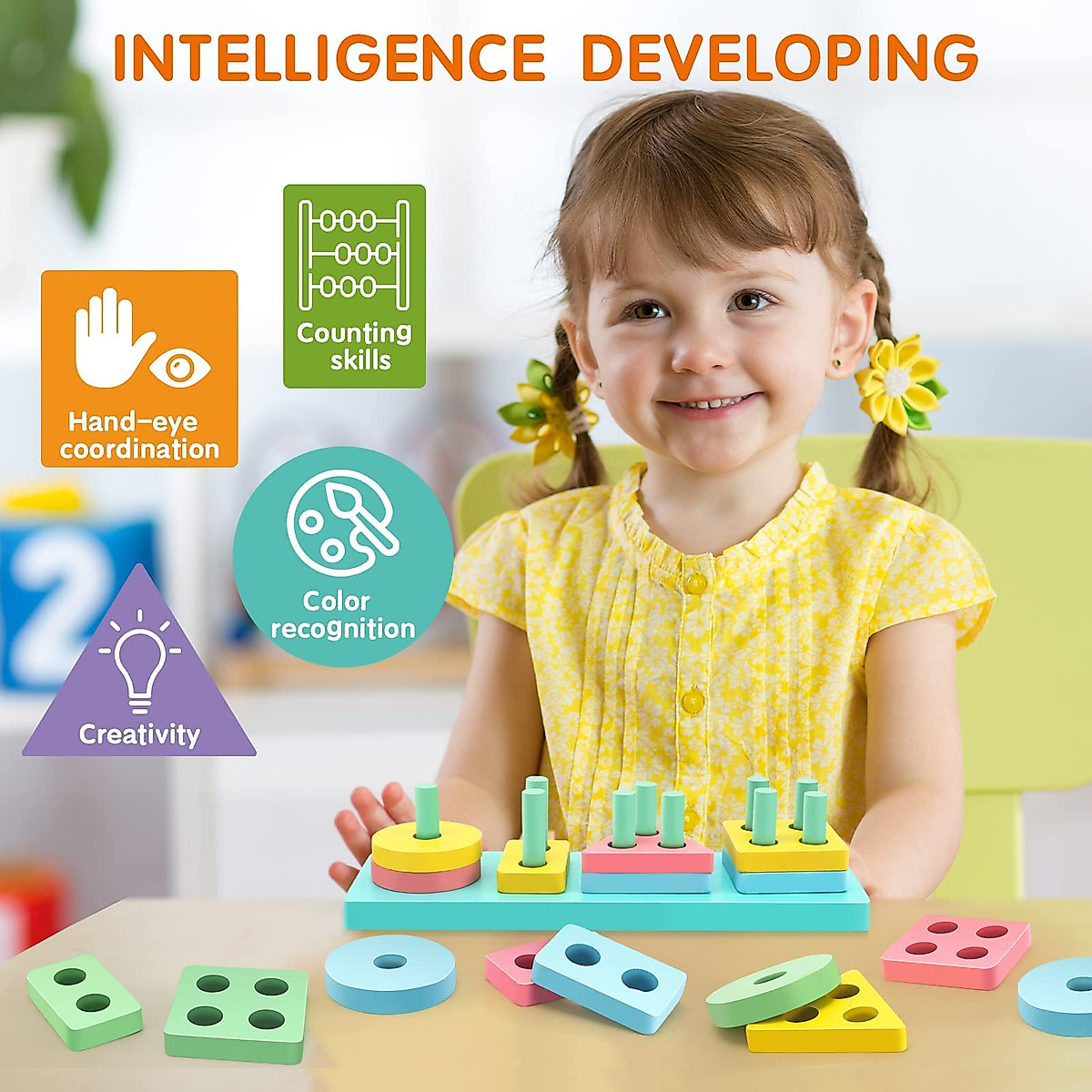 LinseyFun Wooden Stacking Sorting Toys for Toddlers 1-3, Wood Baby Stacking Blocks, Montessori Toys for 1 2 Year Old Boys Girls