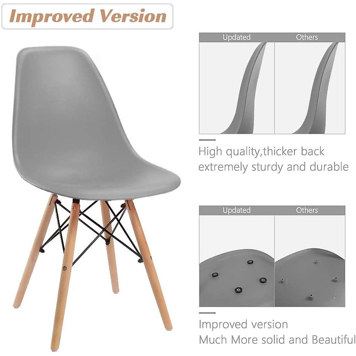 ExAchat Set of 4 Modern Style Chair- Mid Century Modern Shell Chair with Dowel Wood Legs - for Dining Room, Kitchen, Bedroom, Lounge (Grey-3)