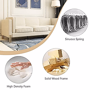 Hommoo 94" W 3 Seat Couch Mid Century Velvet Sofa with Metal Gold Legs Chesterfield with Removable Cushion Comfortable Sofa Couch for Small Apartment Living Room Bedroom Beige