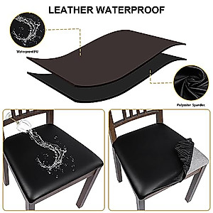NIBESSER Waterproof Chair Seat Covers Set of 6, PU Leather Dining Chair Seat Covers, Stretch Chair Cover for Dining Room Chairs, Removable Kitchen Seat Cushion Slipcovers Protector (Black)
