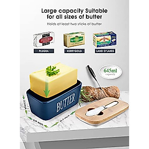 AISBUGUR Large Butter Dish with Lid Ceramics Butter Keeper Container with Knife and High- quality Silicone Sealing Butter Dishes with Covers Good Kitchen Gift Blue