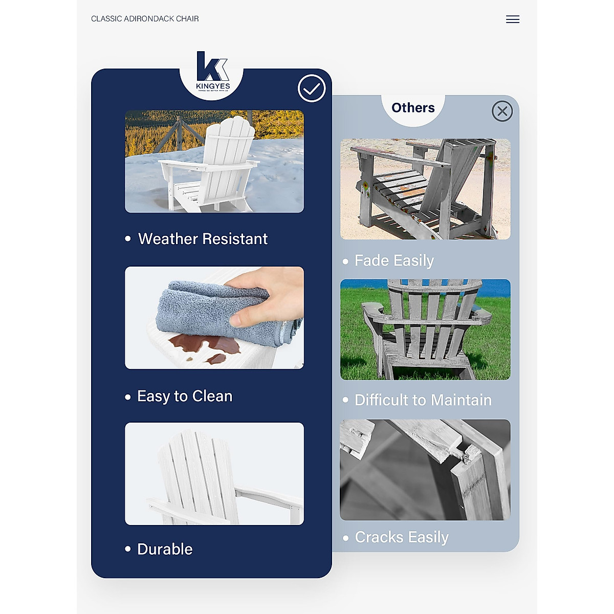 KINGYES HDPE Adirondack Chair, Classic All-Weather Outdoor Patio Adirondack Chair, White