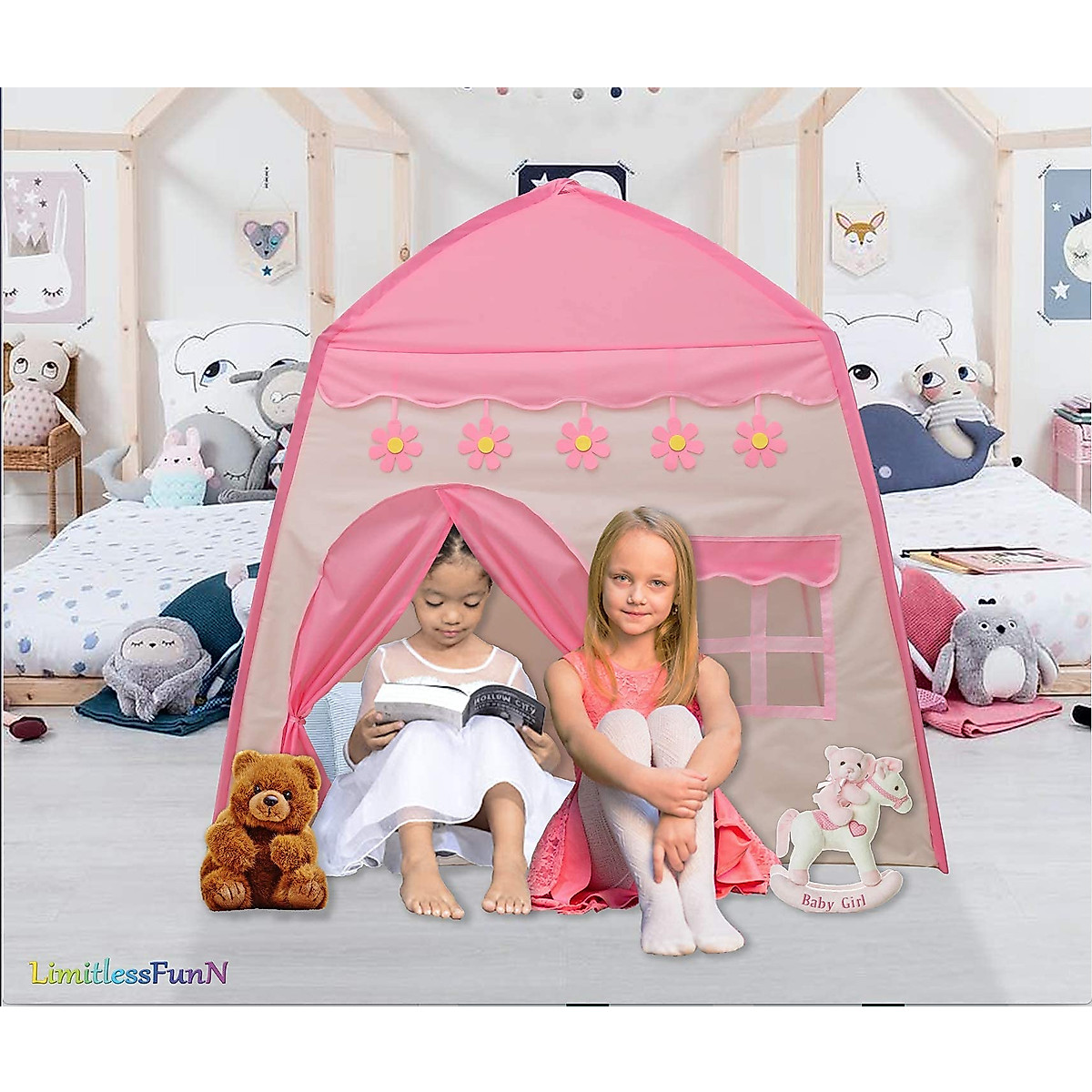 LimitlessFunN 210D Oxford Fabric Flower Kids Play Tent | Includes Star Lights & Carrying Case |, Children Indoor Castle Playhouse for Girls, Toddlers, 39" D x 51" W x 51" H