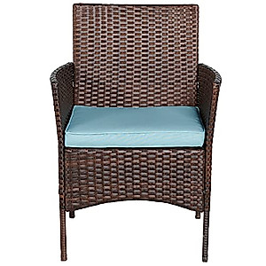 BTEXPERT Space Saving Outdoor Wicker Conversation 3 Piece Bistro Set Garden Patio Yard Porch Furniture Pe Rattan Two Chairs Cushions Side Storage Table Brown/Aqua Blue