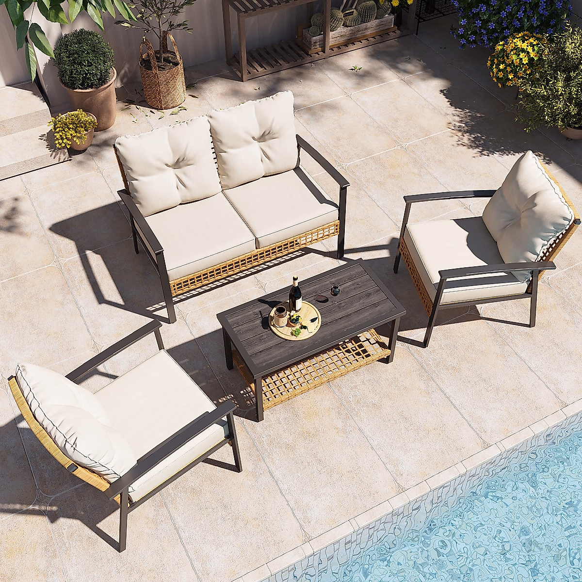 LAUSAINT HOME 4-Piece Patio Conversation Set, Comfortable Oversized Outdoor Furniture Set with Soft Cushion and Storage Metal Coffee Table for Backyard, Porch, Garden and Poolside, Beige