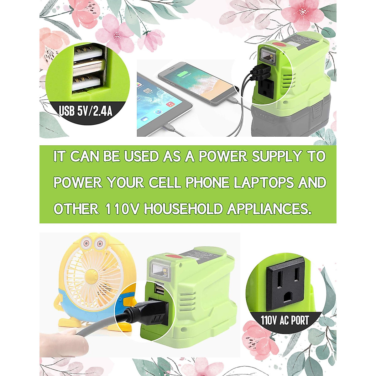 TPDL Portable Power Inverter Generator 150 Watt for Ryobi 18V Battery - Invert DC 18V to AC 110~120V Outlet with Dual USB 5V 2.4A Ports & LED Light - Modified Sine Wave Mobile Power Supply