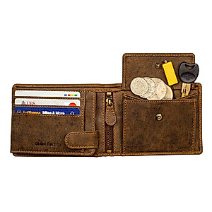 DiLoro Italy Full Size Mens Leather Wallet Bifold Flip ID Zip Coin Wallets with RFID Protection (Dark Hunter Brown With ID)