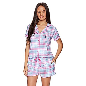 U.S. Polo Assn. Summer Pajamas for Women - Woven PJ Set with Button Up Top and Shorts - Lounge Sets for Women Light Blue, Large