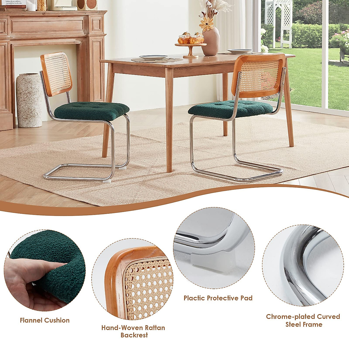 Farini Kitchen Dining Chairs Set of 2,Mid-Century Modern Chair Armless Mesh Backrest Cane Rattan Chairs for Home Dining Room(Dark Green,Teddy Velvet)