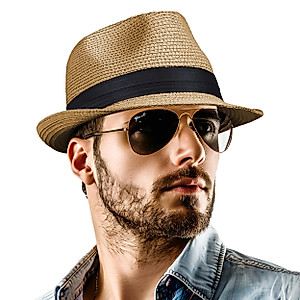 Straw Fedora Hat Short Brim Packable Roll Up Trilby Hat Classic Adjustable Panama Summer Beach Sun Hat UPF 50+ (L/XL, Brown)