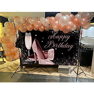 Rose Gold Glitter Happy Birthday Backdrop High Heels Champagne Glass Photography Background for Adult Women Birthday Party Decorations Banner Photo Booth 7x5ft