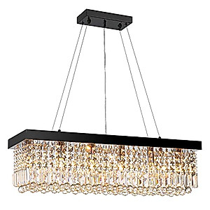 ShiJia Moooni Modern 8 Lights Rectangular Crystal Chandelier Rectangle Raindrop Chandeliers Pendant Light Fixture for Dining Rooms Island Black L39.5