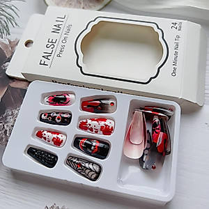Halloween Press on Nails Medium Coffin Fake Nails Spider Eyeball Halloween Nails Press on Bloodstain Spider Web Acrylic Full Cover False Nails with Designs Gloosy Glue on Nails for Women&Girls 24PCS