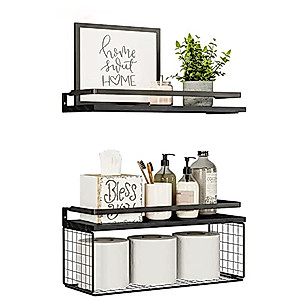 WXCGX Floating Shelves, Rustic Floating Shelves Wood Over Toilet with Paper Storage Basket, Farmhouse Wall Mounted Shelves Floating Shelf for Bathroom Bedroom Wall Decor Living Room Kitchen (Black)