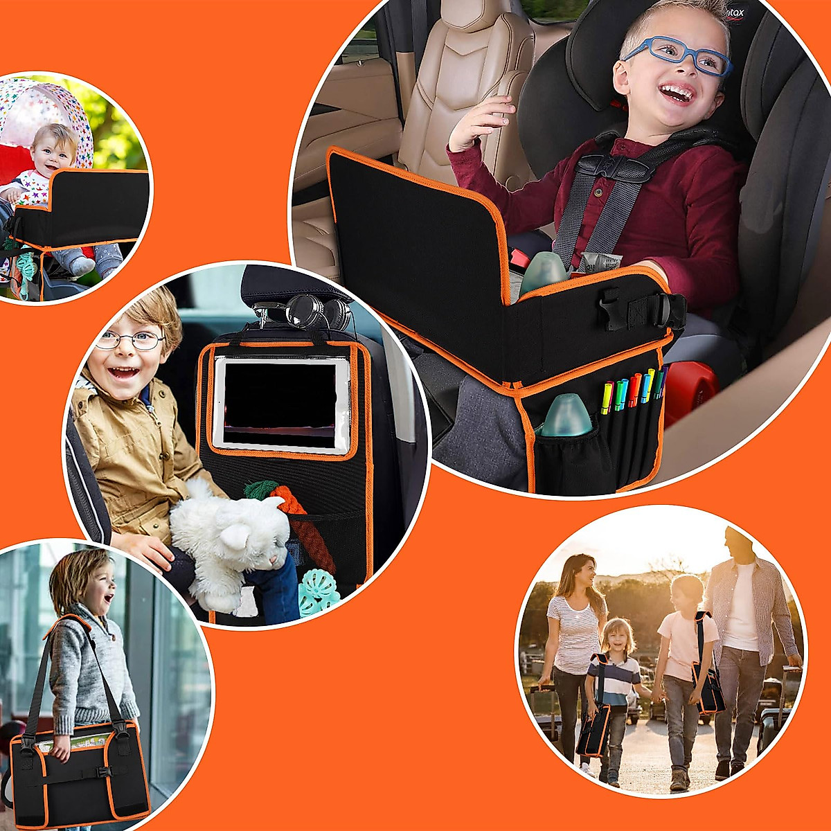 MENZOKE Kids Travel Tray, Car Seat Organizer Toddler with Dry Erase Board Car Lap Desk Table with iPad Holder, Storage Pocket, Kids Active Eating Tray for Road Trip, Airplane, Stroller, Black