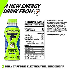 Fast Twitch Energy drink from Gatorade, Cool Blue, 12oz Bottles, (12 Pack), 200mg Caffeine, Zero Sugar, Electrolytes