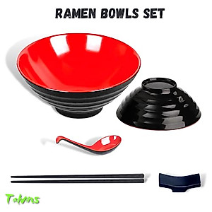 TaIvins Ramen Bowl Set of 4-32 OZ Pho Bowls and Spoons set, Maruchan ramen bowl, Asian pho bowls, Japanese bowls, Microwavable bowls- Large Melamine Noodle bowls, Soup bowl, Naruto ramen bowl (Red).