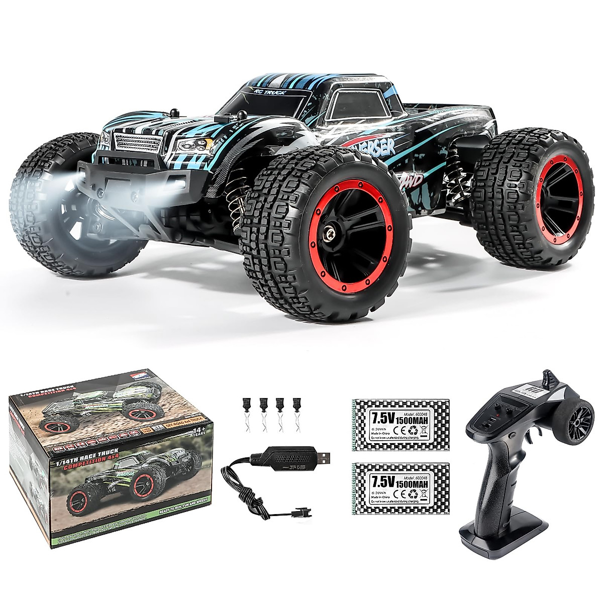 Double Delight Remote Control Car, 1:14 Scale RC Truck 38+ KM/H Speed, 2.4G All-Terrain Off-Road Truck Toy Gifts for Boys and Adults with 2 Rechargeable Batteries Provide 40+ Min Playtime (Blue)