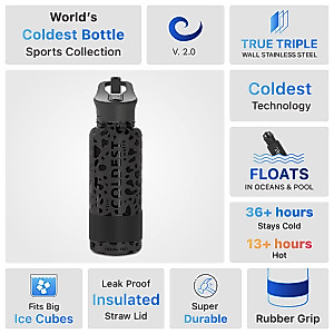 Coldest Sports Water Bottle with Straw Lid Vacuum Insulated Stainless Steel Metal Thermos Bottles Reusable Leak Proof Flask for Sports Gym(32 oz, Black Leopard)