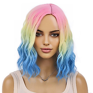 MAGQOO Rainbow Wig for Women Short Colorful Wig Multicolor Wig Side Part Short Curly Wavy Rainbow Hair Wigs Synthetic Heat Resistant Cosplay Costume Party Wigs