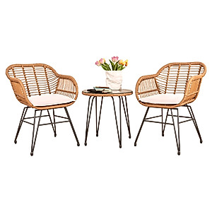 Tappio 3 Piece Outdoor Wicker Furniture Patio Bistro Set, Balcony Furniture Rattan Conversation Sets, Outdoor Patio Chairs Set for Porch Poolside Garden, Beige