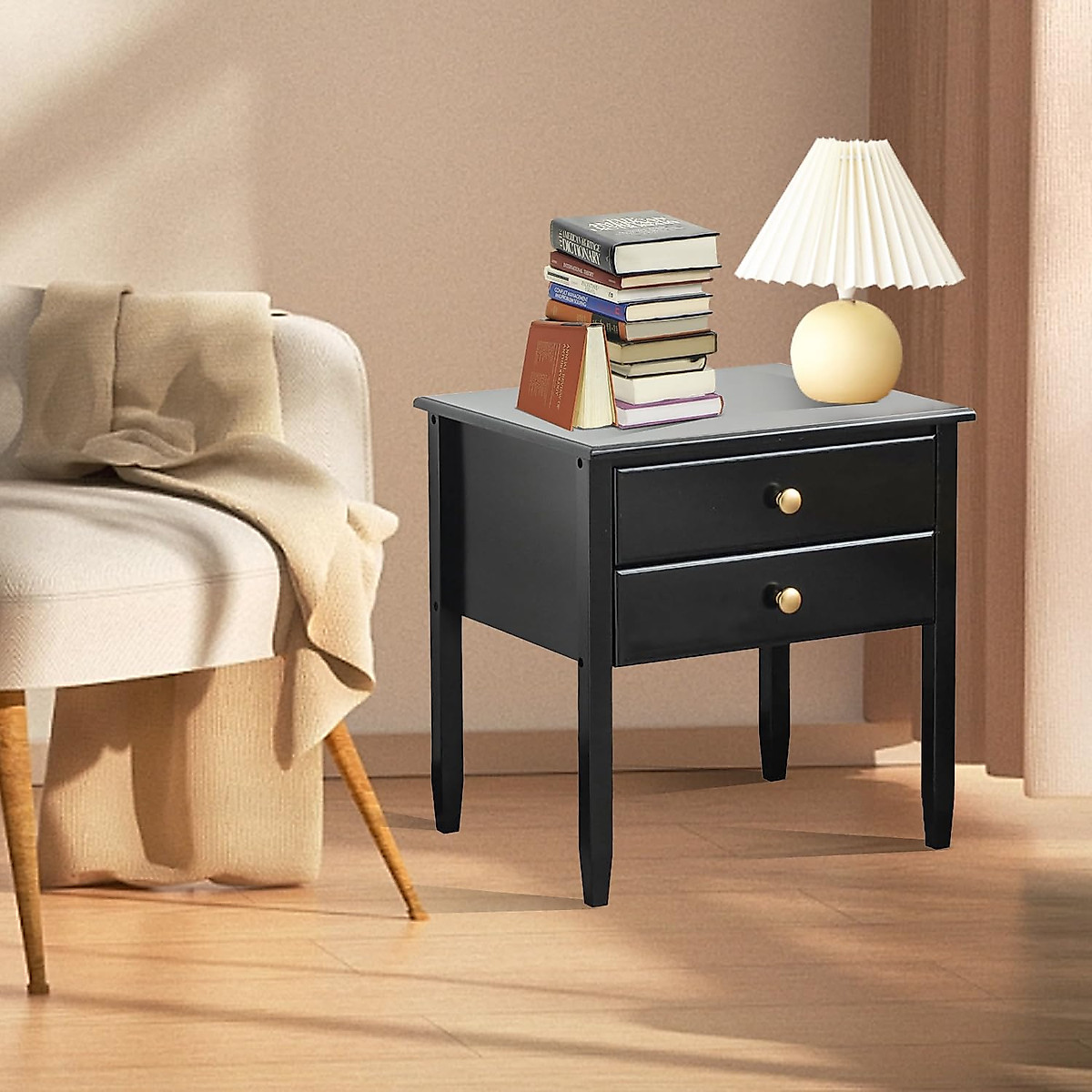 DOUSY Black Bamboo Nightstand Set of 2, Mid-Century Modern Night Stand with 2 Drawers for Bedroom, Bedside Table Side Table for Small Spaces, Bedroom