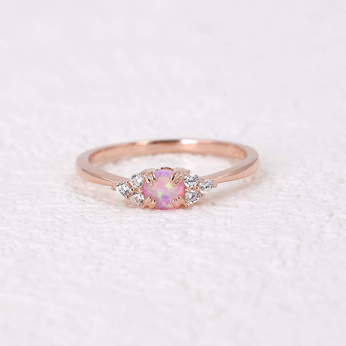 espere Sterling Silver Halo Opal Stacking Ring Simple Dainty Rose Gold Ring Pink Opal Ring Birthstone Ring Size 6