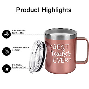Qtencas Teacher Gifts, Best Teacher Ever Coffee Mug, Thank You Appreciation Gifts for Teachers Women on Birthday Christmas, 12 Oz Stainless Steel Travel Mug, Rose Gold