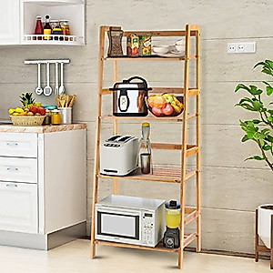 COSTWAY 47.5'' Bamboo Ladder Shelf, Multifunctional Plant Flower Display Stand, Storage Rack, Bookcase Bookshelf Natural (4 Tier)