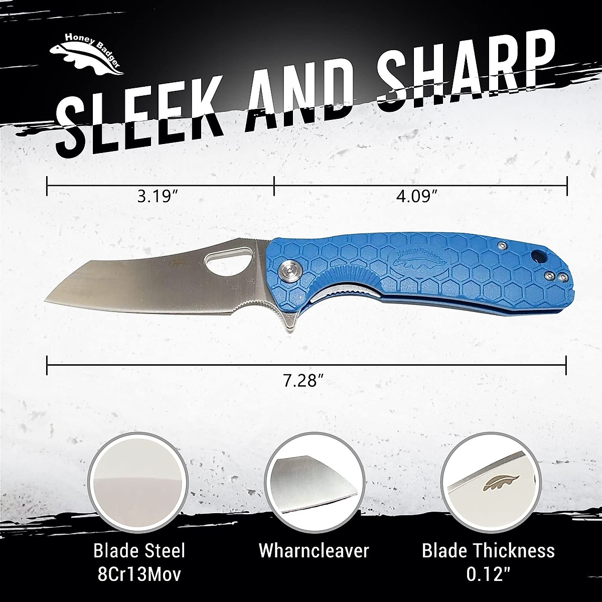 Western Active Honey Badger Wharncleaver Pocket Knife, Steel Blade Everyday Carry Knife, Pocket Knife, Tactical Knife and Folding Knife with Deep Carry Pocket Clip - (Medium Blue HB1041)