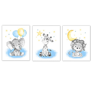 Baby Boy Nursery Wall Art Elephant Safari Animals Giraffe Lion Decor 3 UNFRAMED PRINTS