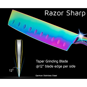 WELLSTAR Nakiri Knife 7 Inch, Razor Sharp German Stainless Steel Meat Vegetable Cleaver, Multi-purpose Asian Kitchen Knife for Home Chef’s Cooking with Rainbow Titanium Coating, Strong Durable Handle