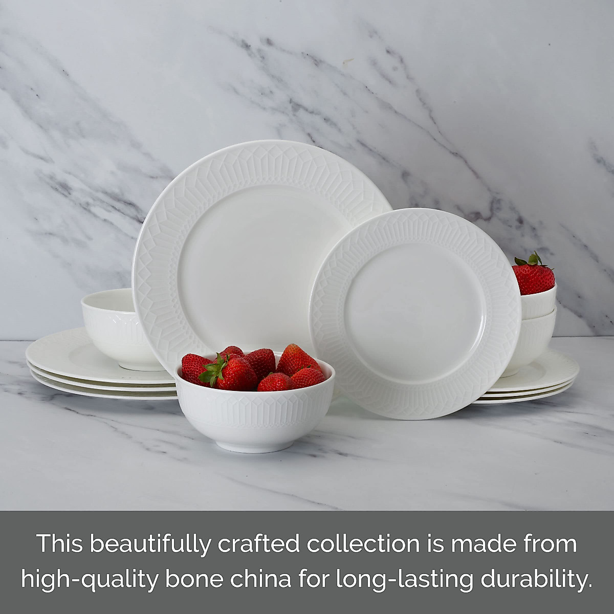 Mikasa Finn Bone China Lightweight Chip Resistant 12 Piece Dinnerware Set, Service for 4, White